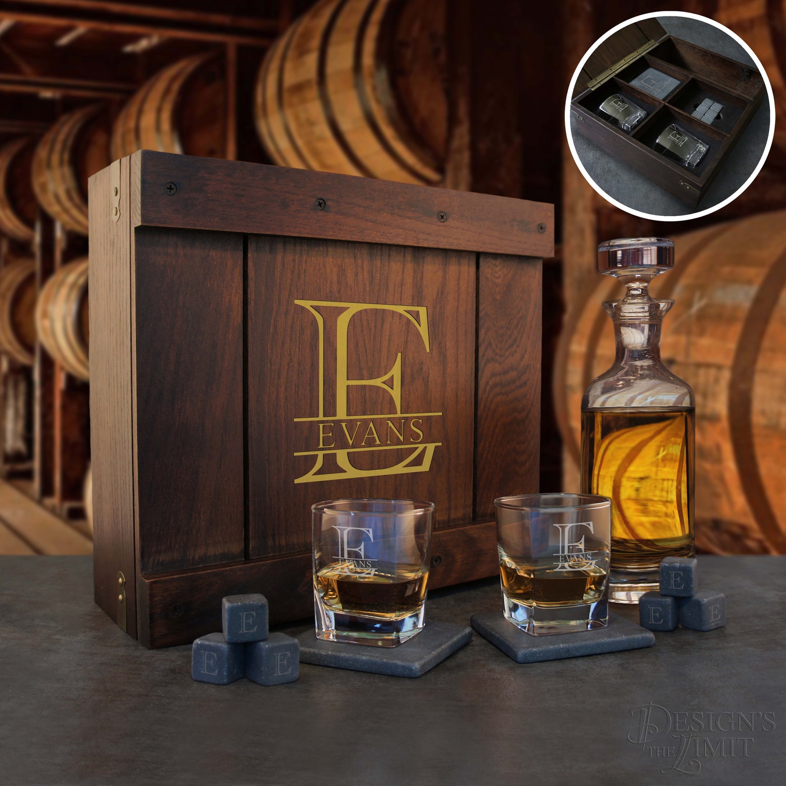 Personalized Spirits Box Including Whiskey Tumblers, Stone Coasters ...
