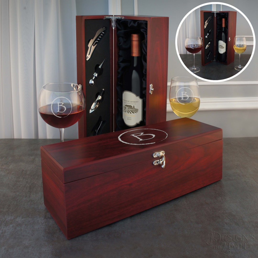 Personalized Rosewood Wine Gift Set Engraved Case With Monogram Design ...