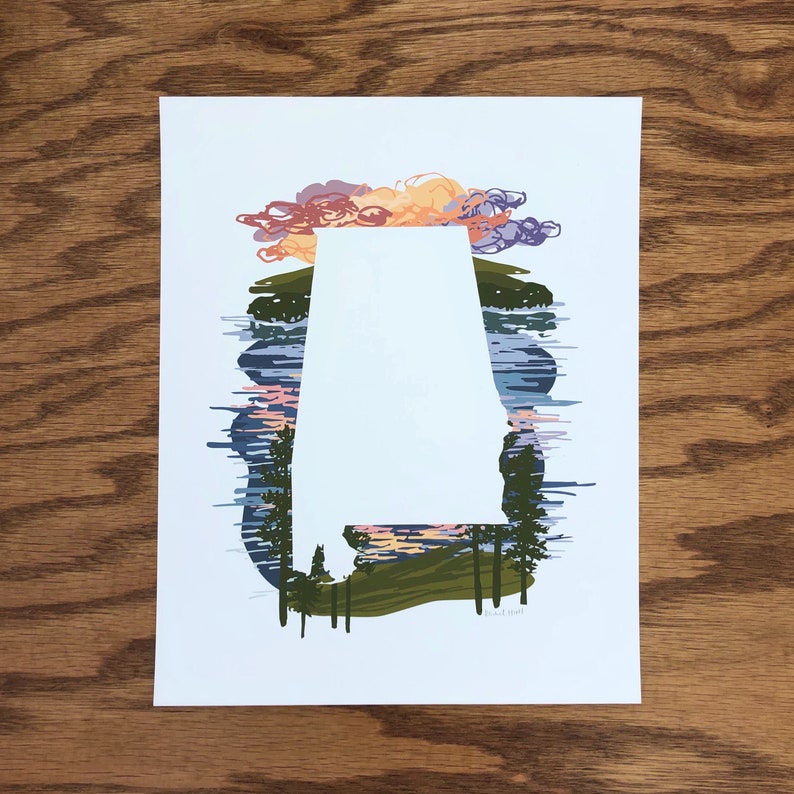 Alabama State Print Lake // State Map Silhouette | Etsy