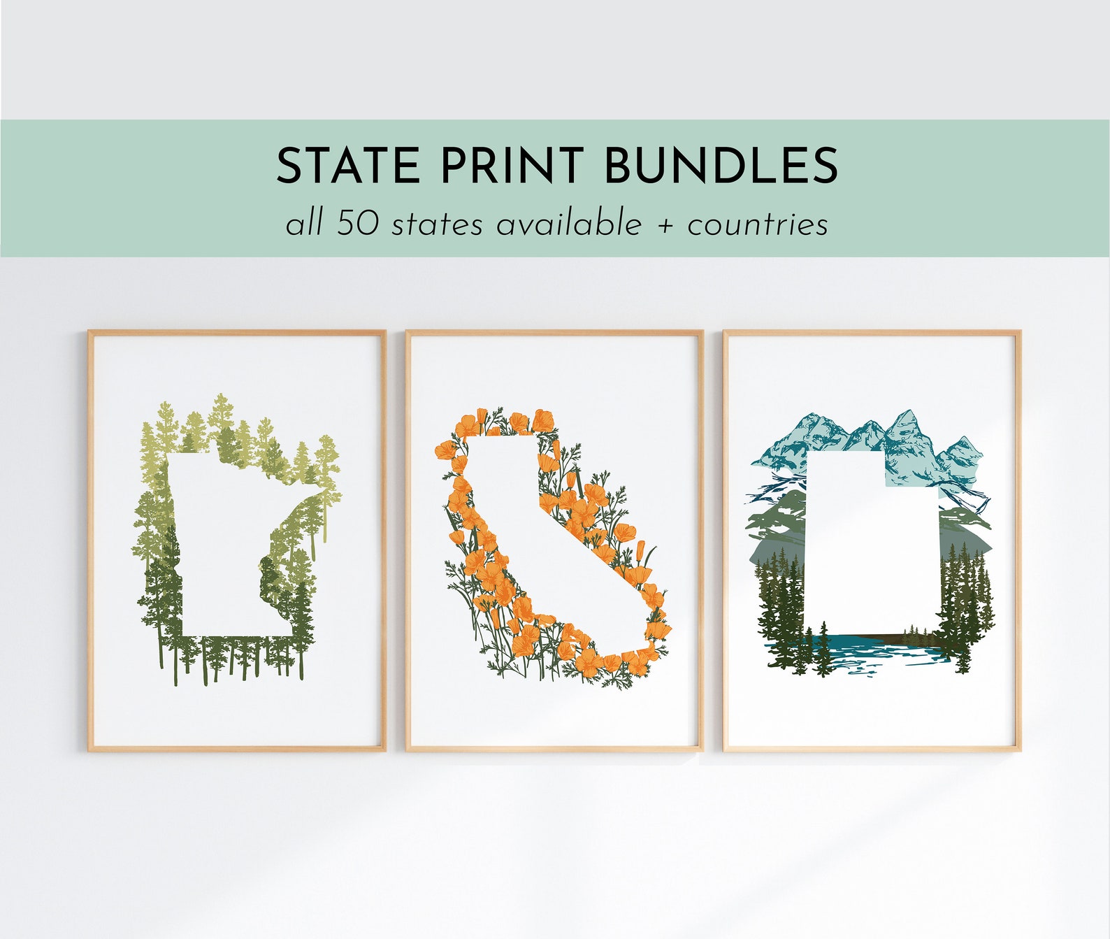 Print Bundle Packs // US State Country Map Silhouette Art - Etsy