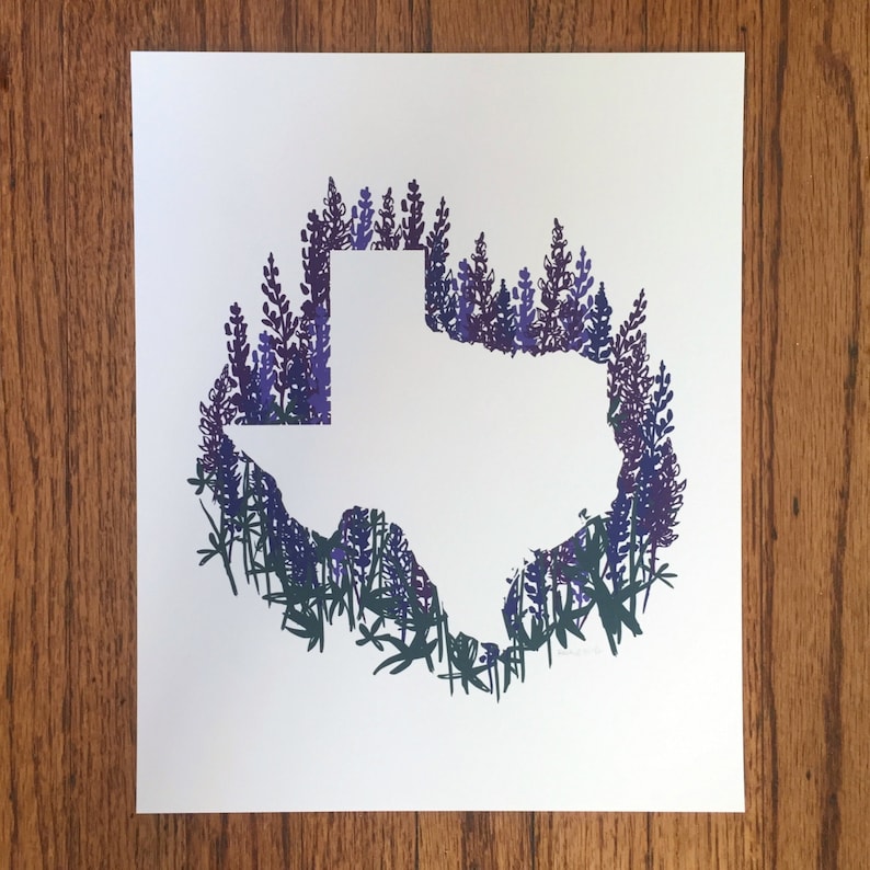 Texas State Print Bluebonnets // State Map Silhouette | Etsy