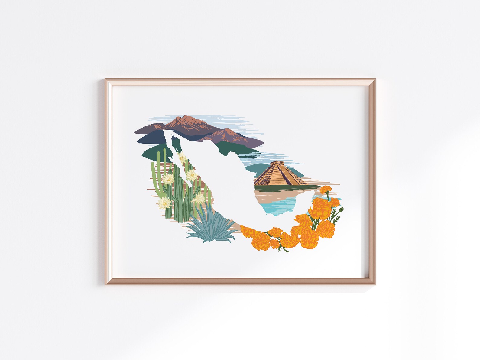 Mexico Print Mountains & Marigolds // Country Map Silhouette - Etsy