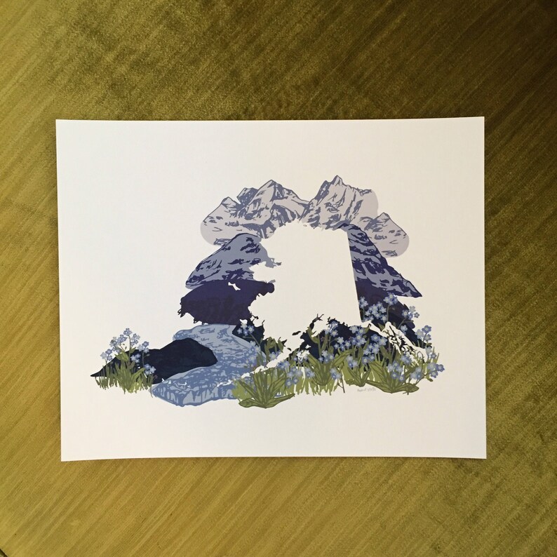 Alaska State Print - Forget-me-nots & Mountains // State Map Silhouette ...