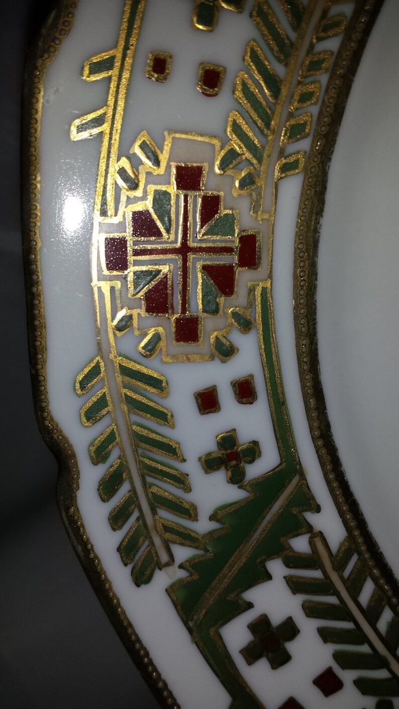 Antique Nippon Hand Painted Gold Beaded Plate Rust Green Geometric ...