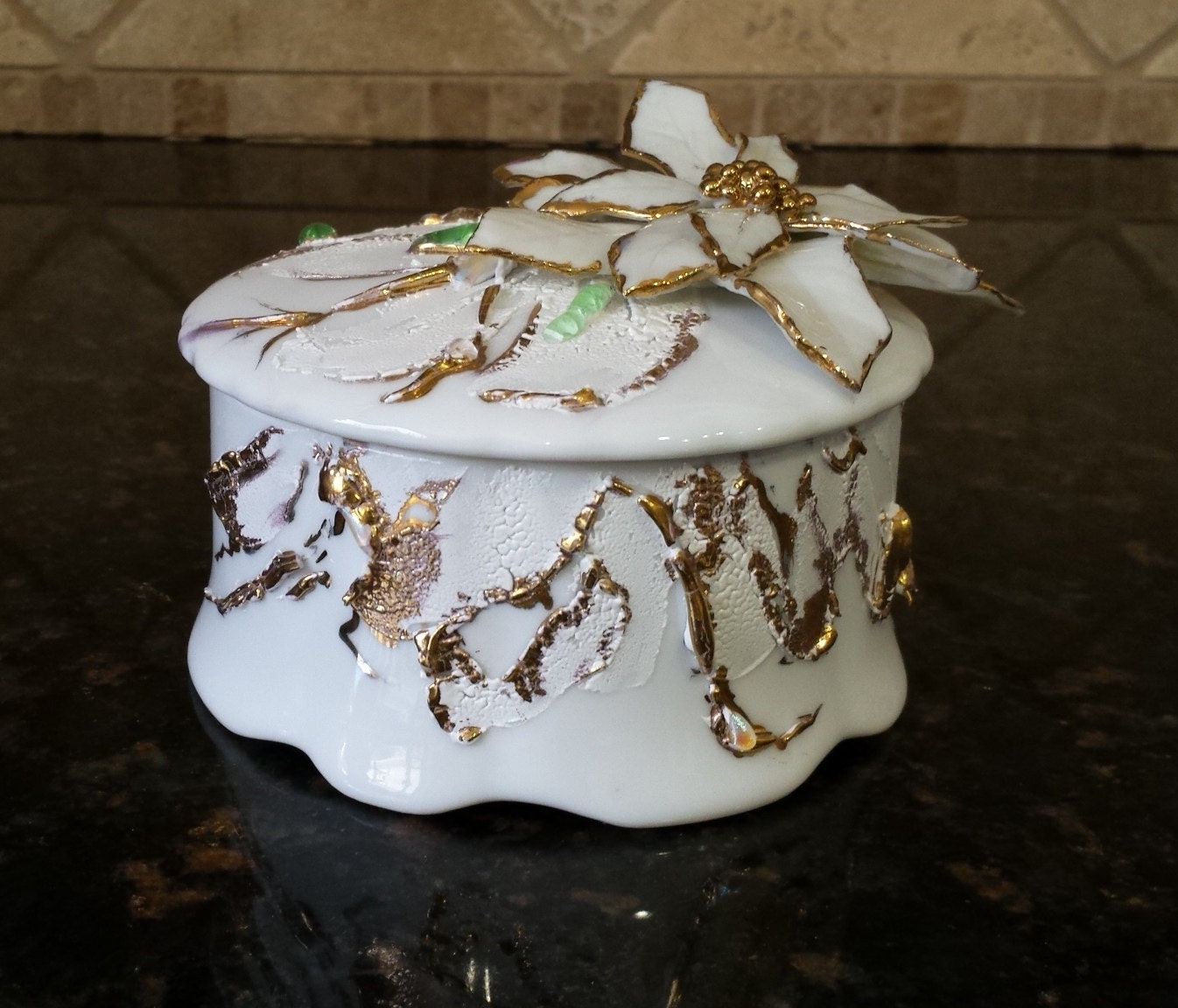 Porcelain Flowered Jeweled Round Trinket Box - Etsy