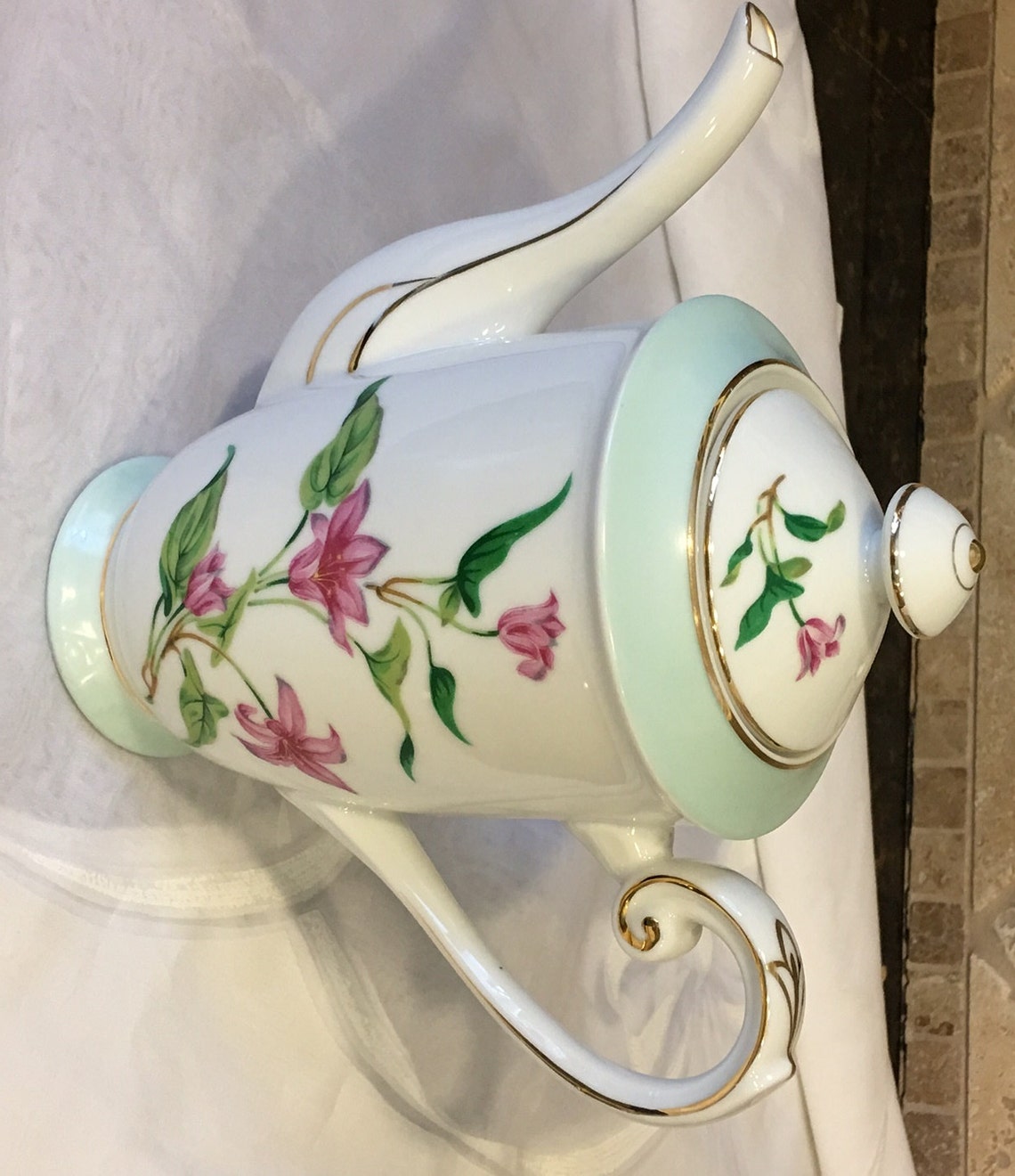 Vintage Floral Albion Tea Pot With Pink Lilies and Green Leaves - 8.5 ...