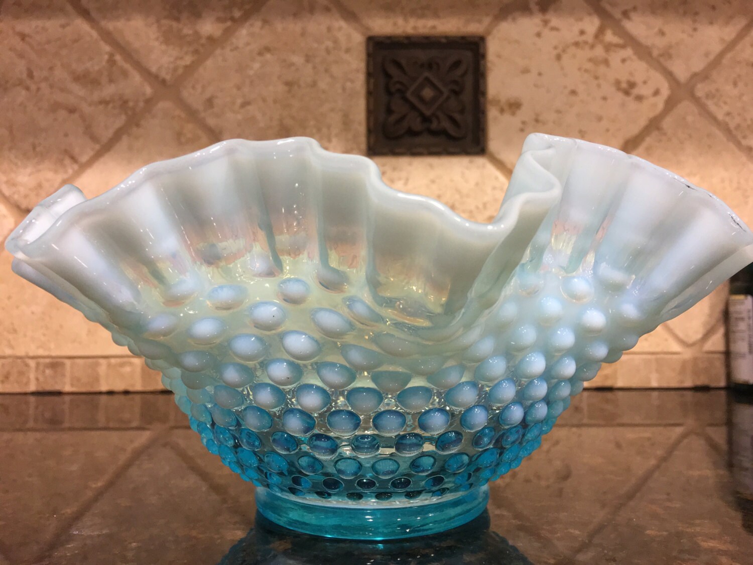 Fenton AQUE BLUE and Opalescent Glass Hobnail Bowl With Crimped Ruffle ...