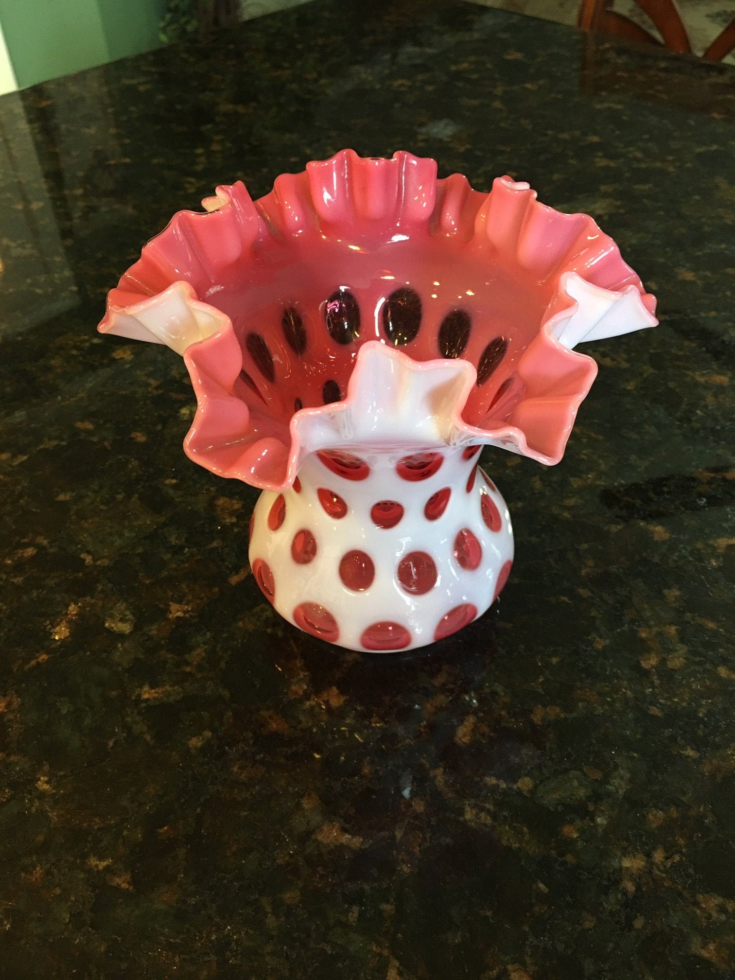 Large Fenton Cranberry Opalescent/Cased Coin Dot Ruffled Vase Double ...