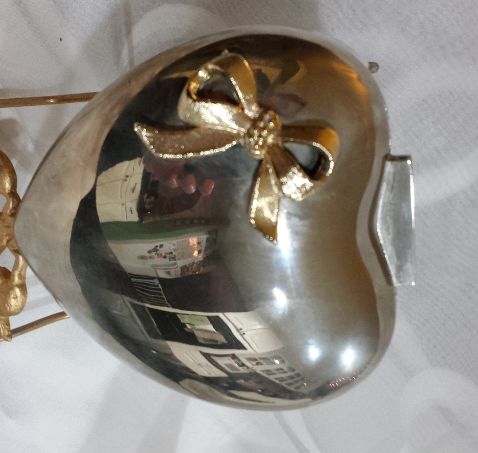 Silver Plated Hinged Heart Shaped Trinket Box With Ribbon Bow and Red ...