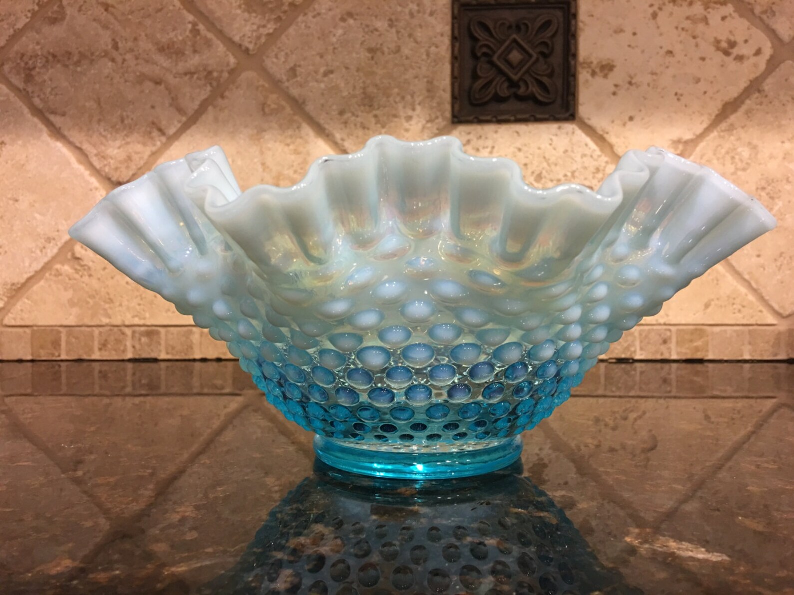 Fenton AQUE BLUE and Opalescent Glass Hobnail Bowl With Crimped Ruffle ...