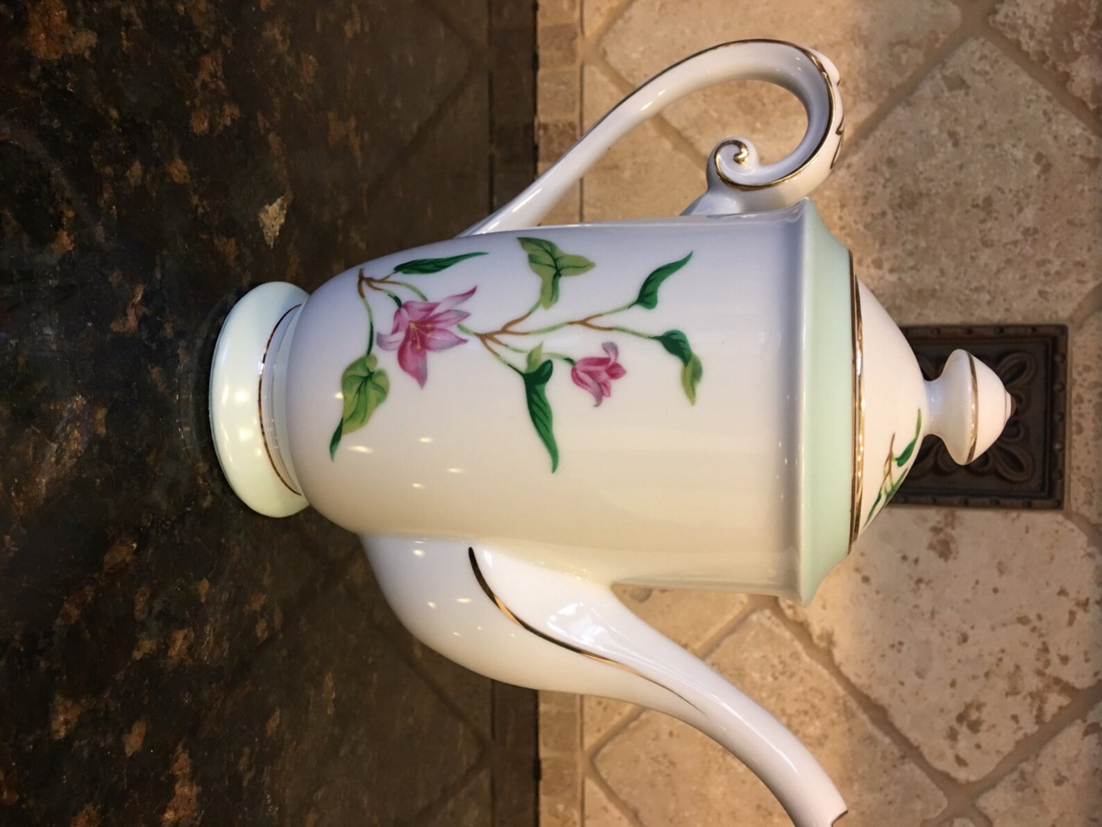 Vintage Floral Albion Tea Pot With Pink Lilies and Green Leaves - 8.5 ...