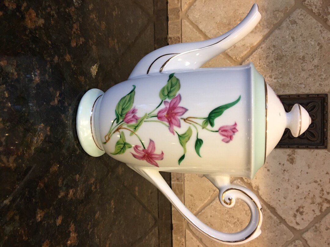 Vintage Floral Albion Tea Pot With Pink Lilies and Green Leaves - 8.5 ...