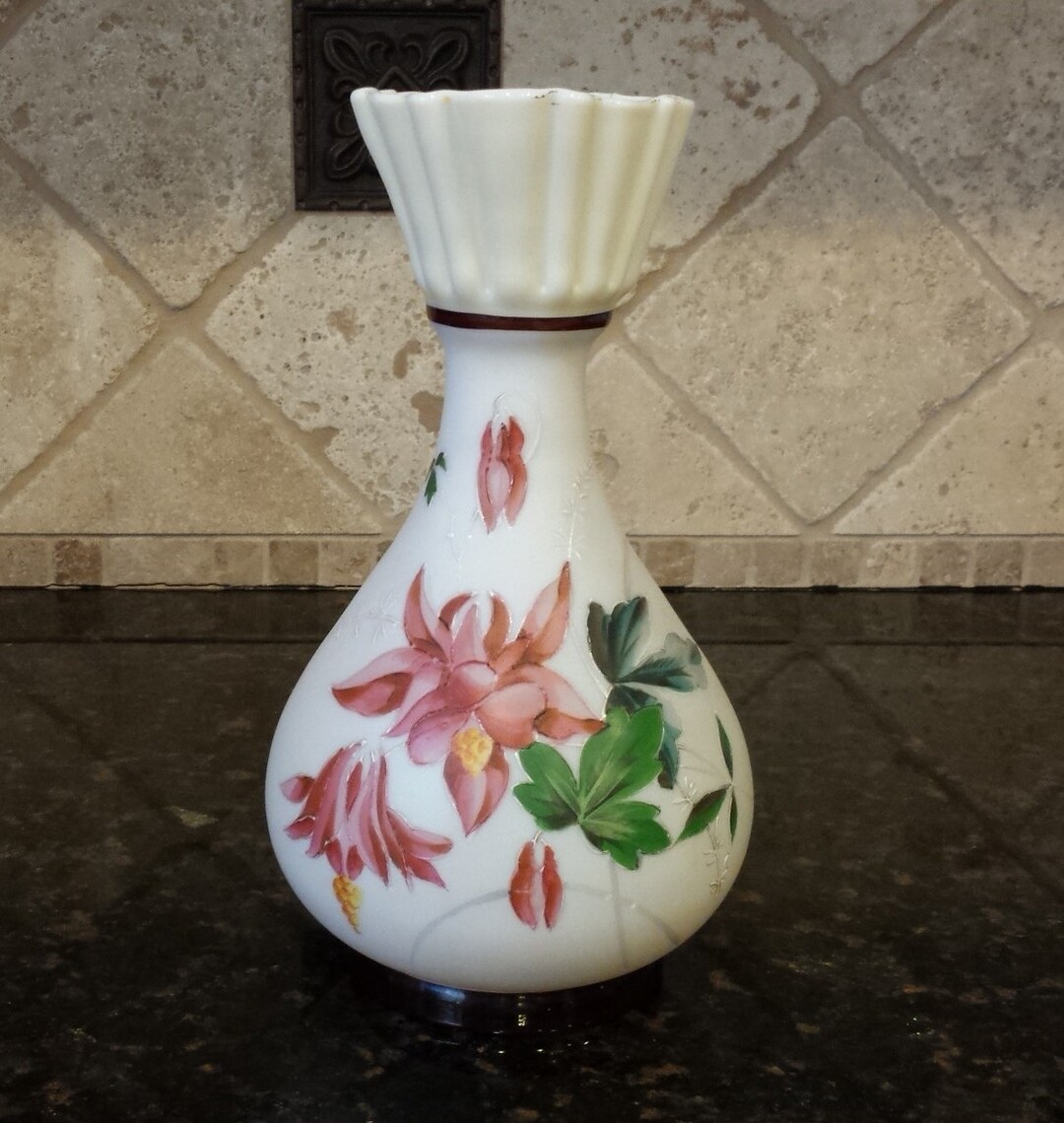 Antique Victorian Bristol Glass Vase, 10" Tall, Ruffled Collar ...