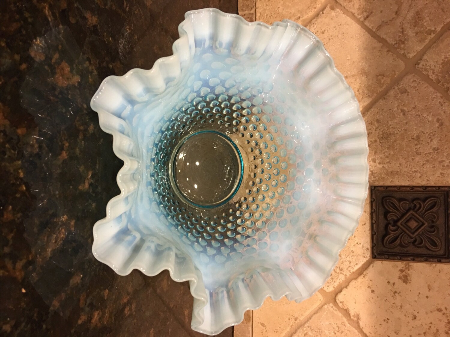 Fenton AQUE BLUE and Opalescent Glass Hobnail Bowl With Crimped Ruffle ...