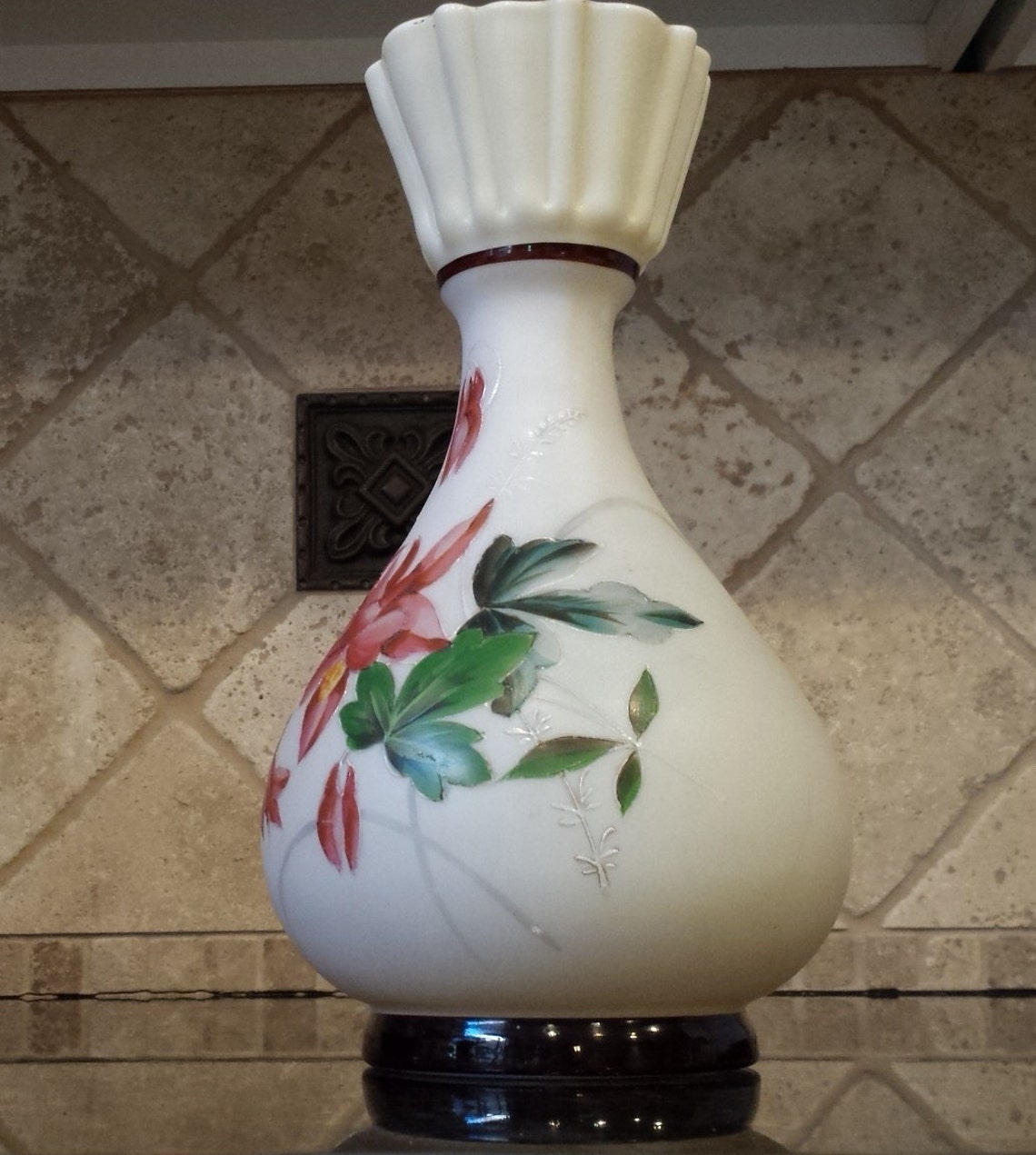 Antique Victorian Bristol Glass Vase, 10" Tall, Ruffled Collar ...