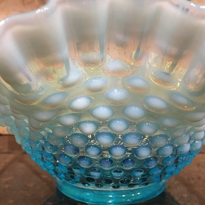 Fenton AQUE BLUE and Opalescent Glass Hobnail Bowl With Crimped Ruffle ...