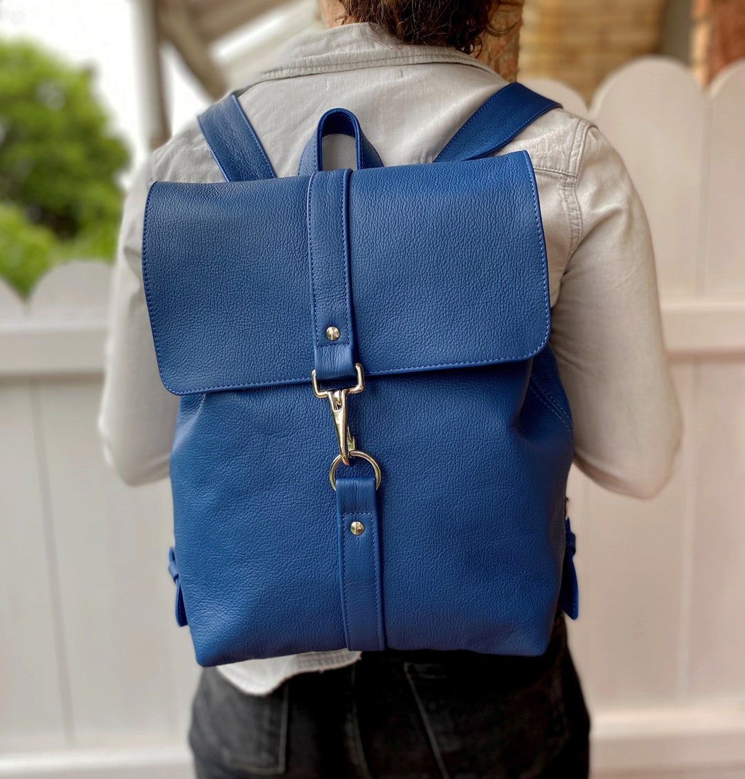 UK Handcrafted Blue Leather Backpack - Personalised Option - Etsy