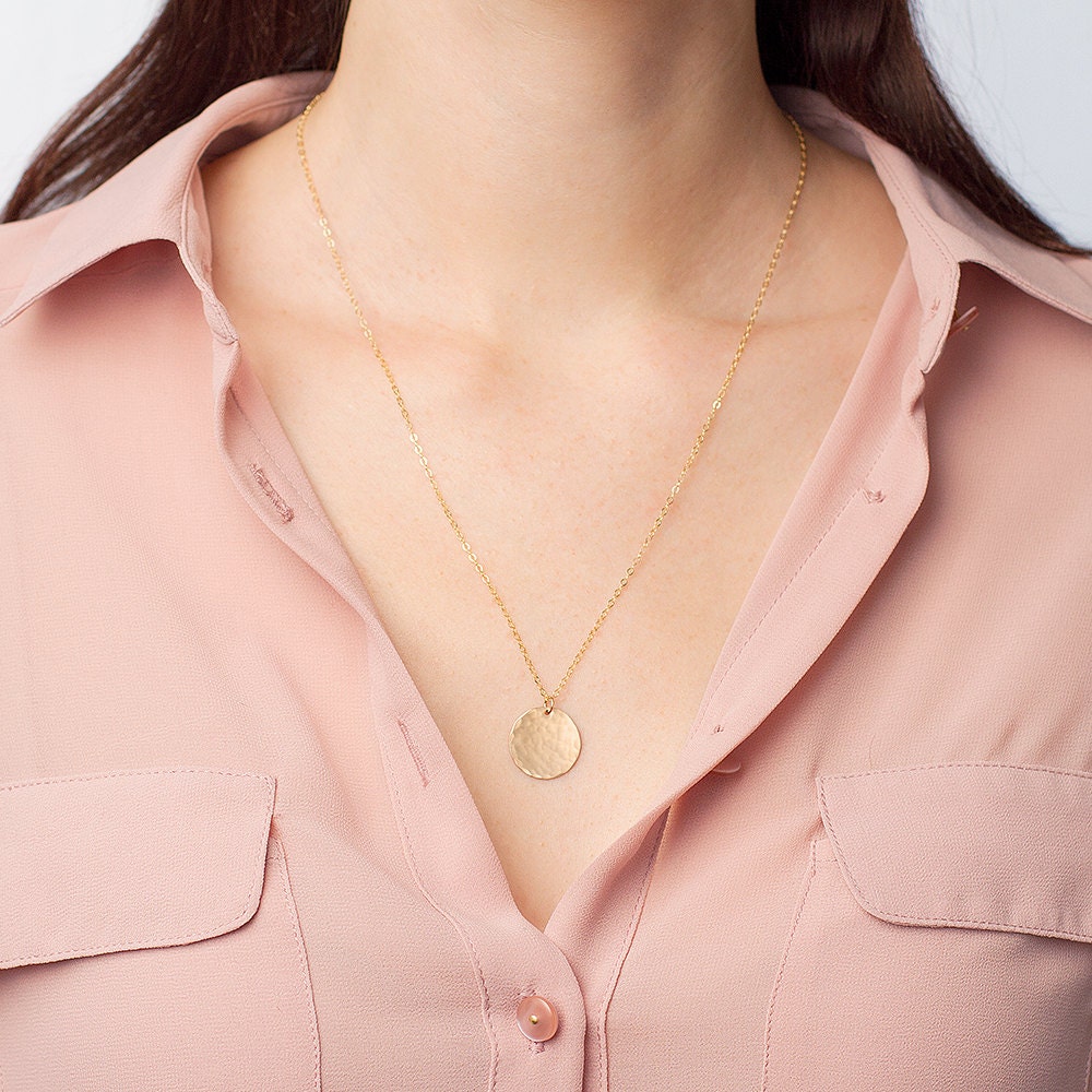 Large Hammered Gold Disc Necklace - Gold Pendant Necklace - Initial ...