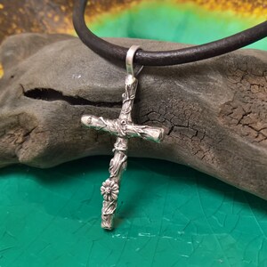 Sterling Silver Twig Cross With Vines and Flowers on Leather Cord ...