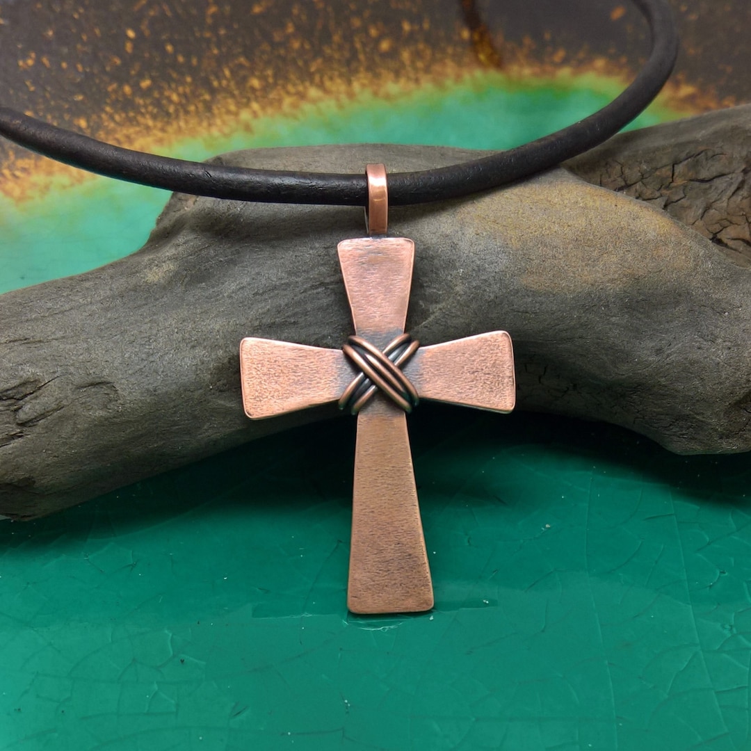 Mens Cross Necklace, Mens Copper Cross, Mens Forged Cross, Mens Leather ...