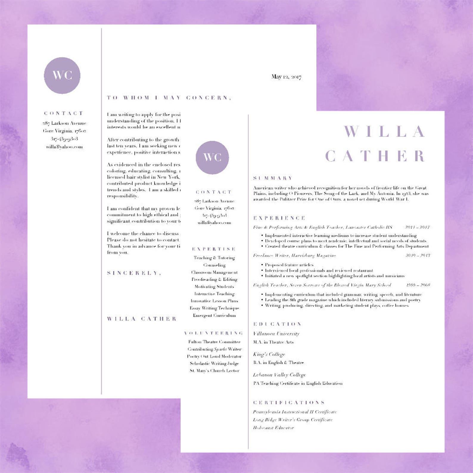 Lavender Resume & Cover Letter Template | Instant Download ...