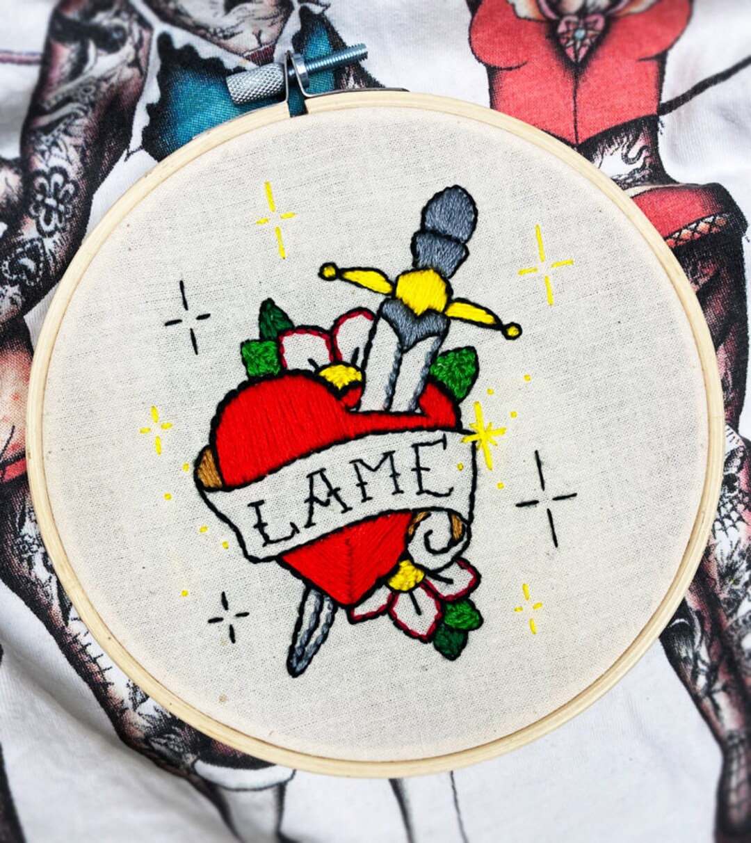Lame Traditional Tattoo Heart and Dagger Embroidery, Finished ...
