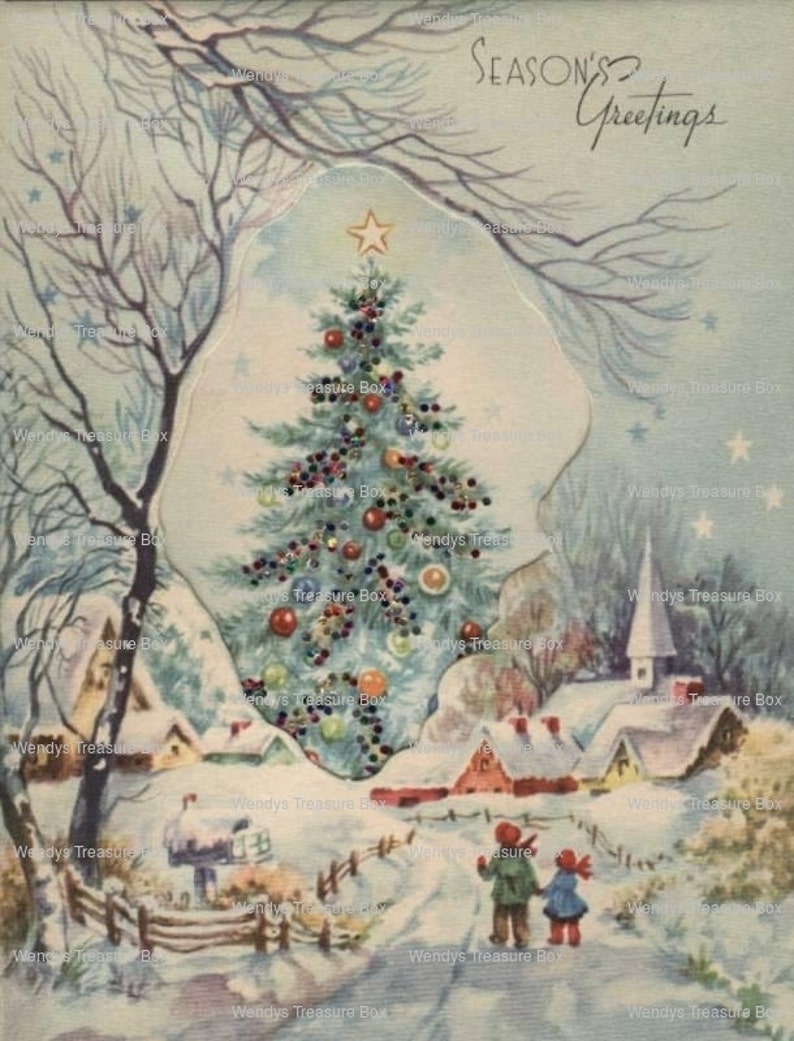 Vintage Digital Image Download Snow Scene Children Tree Houses ...