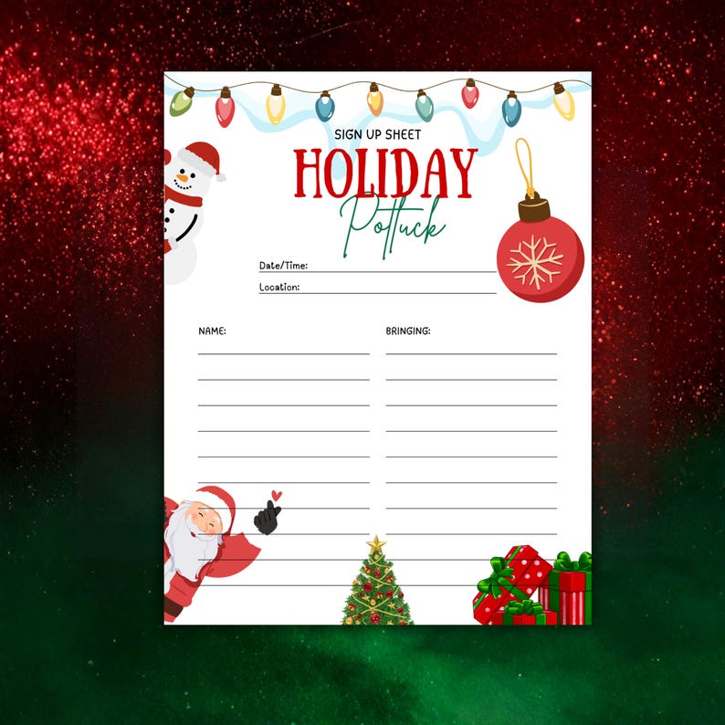 Holiday Potluck Sign up Sheet Printable • Winter Party Food Sign-up PDF ...