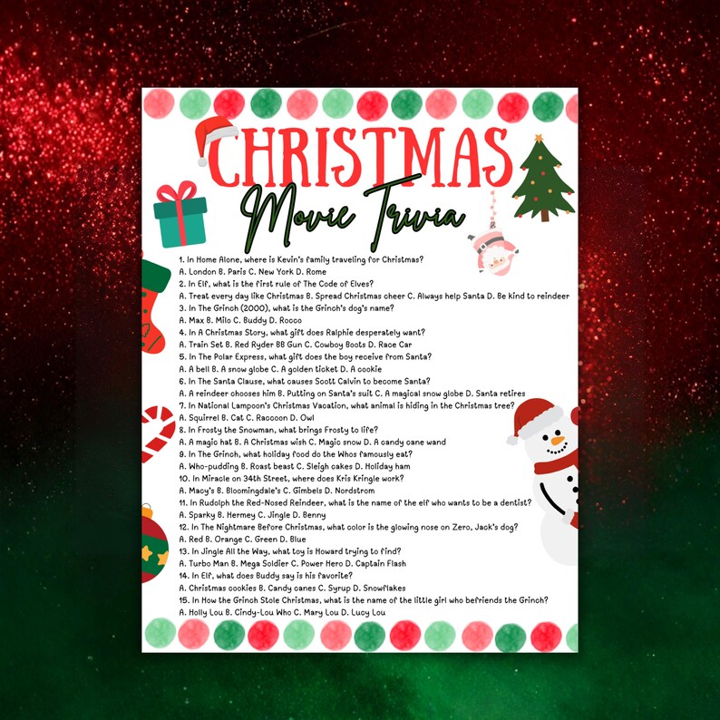 Christmas Movie Trivia Game Printable • Holiday Party Quiz PDF • Fun ...