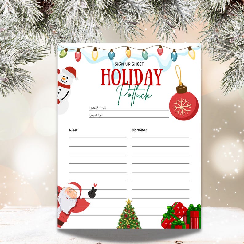 Holiday Potluck Sign up Sheet Printable • Winter Party Food Sign-up PDF ...