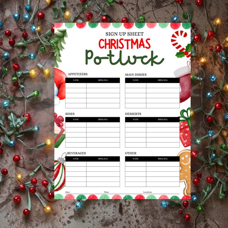 Christmas Potluck Sign up Sheet | Holiday Party Template | Editable ...