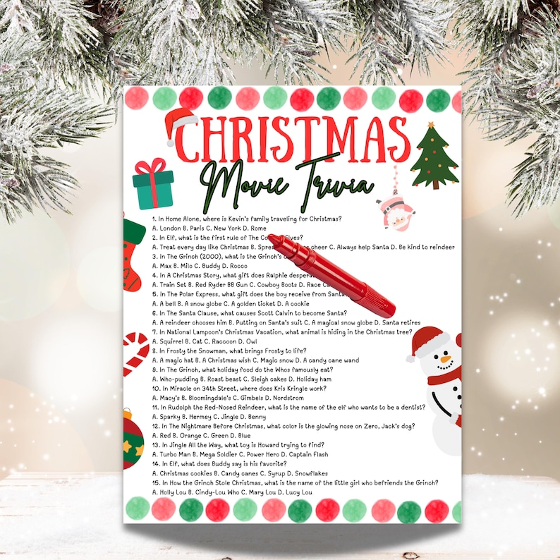 Christmas Movie Trivia Game Printable • Holiday Party Quiz PDF • Fun ...
