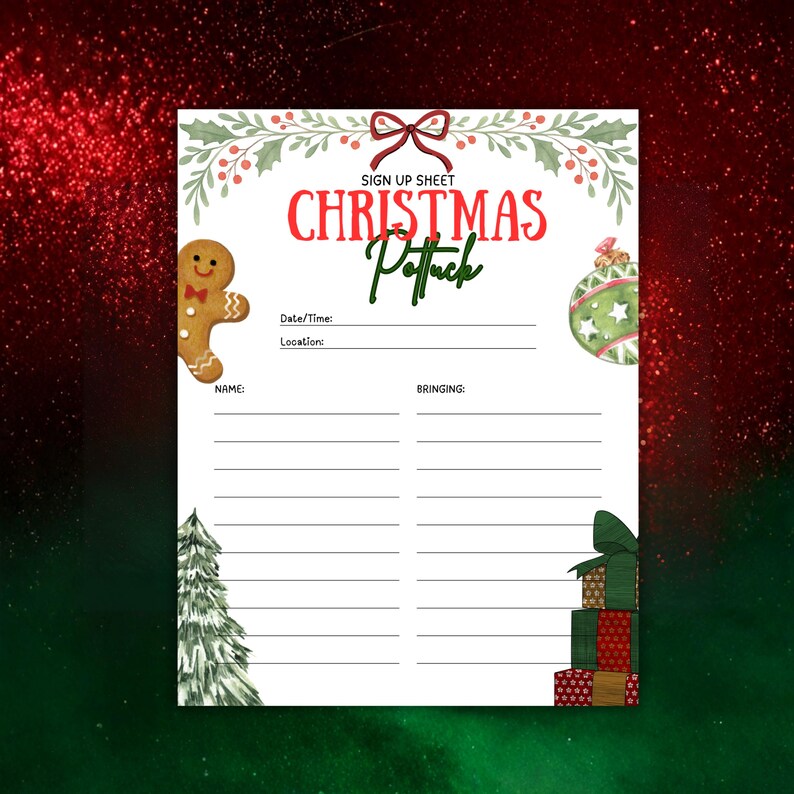 Christmas Potluck Sign up Sheet Printable • Holiday Party Food Sign up ...