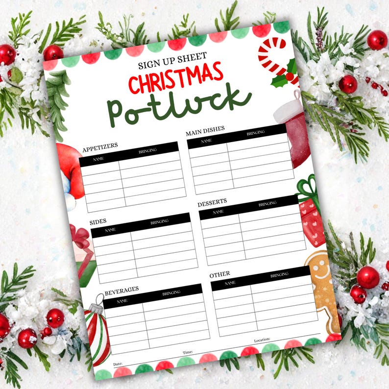 Christmas Potluck Sign up Sheet | Holiday Party Template | Editable ...