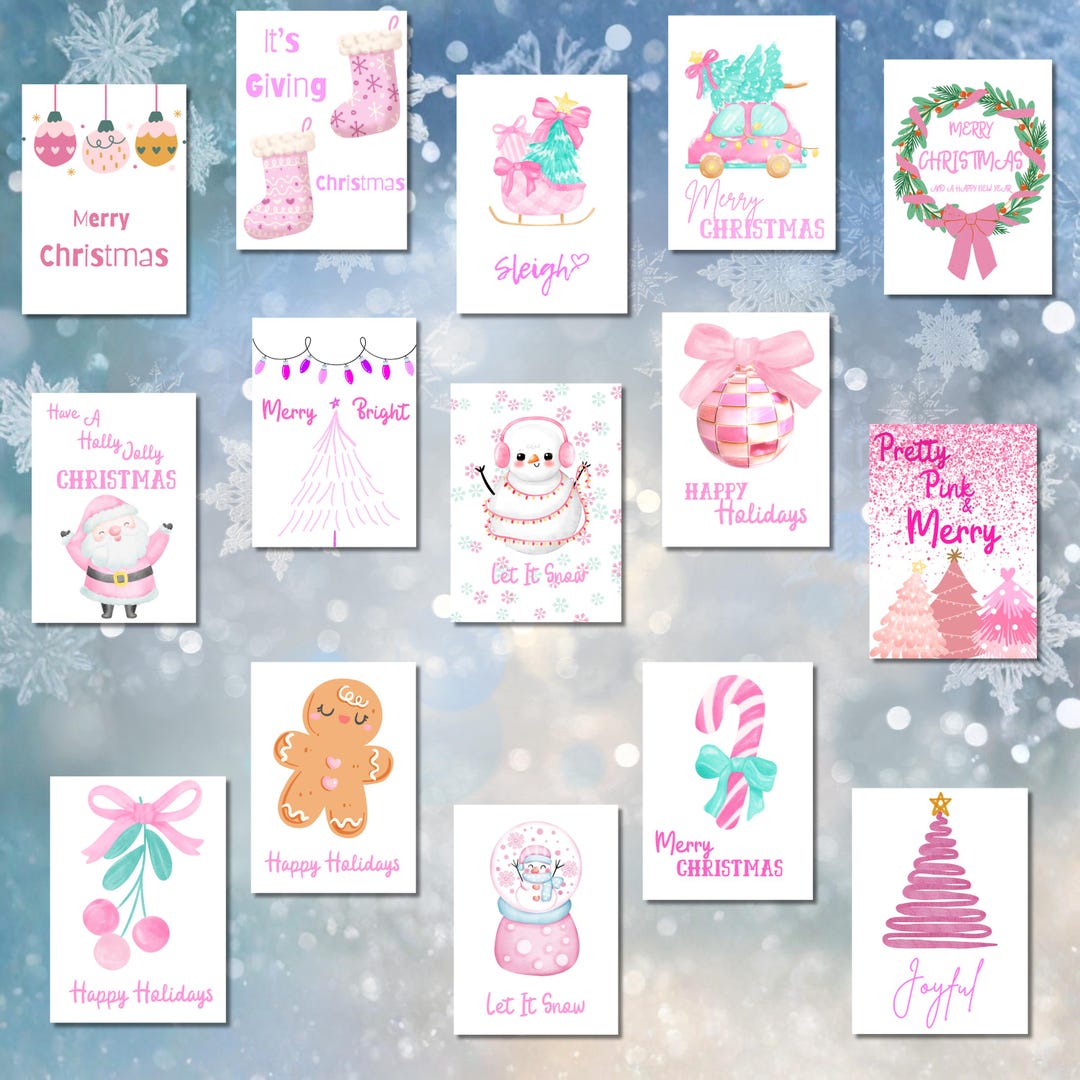 Pink Christmas Cards Set | 15 Printable Digital Holiday Cards | Girly ...