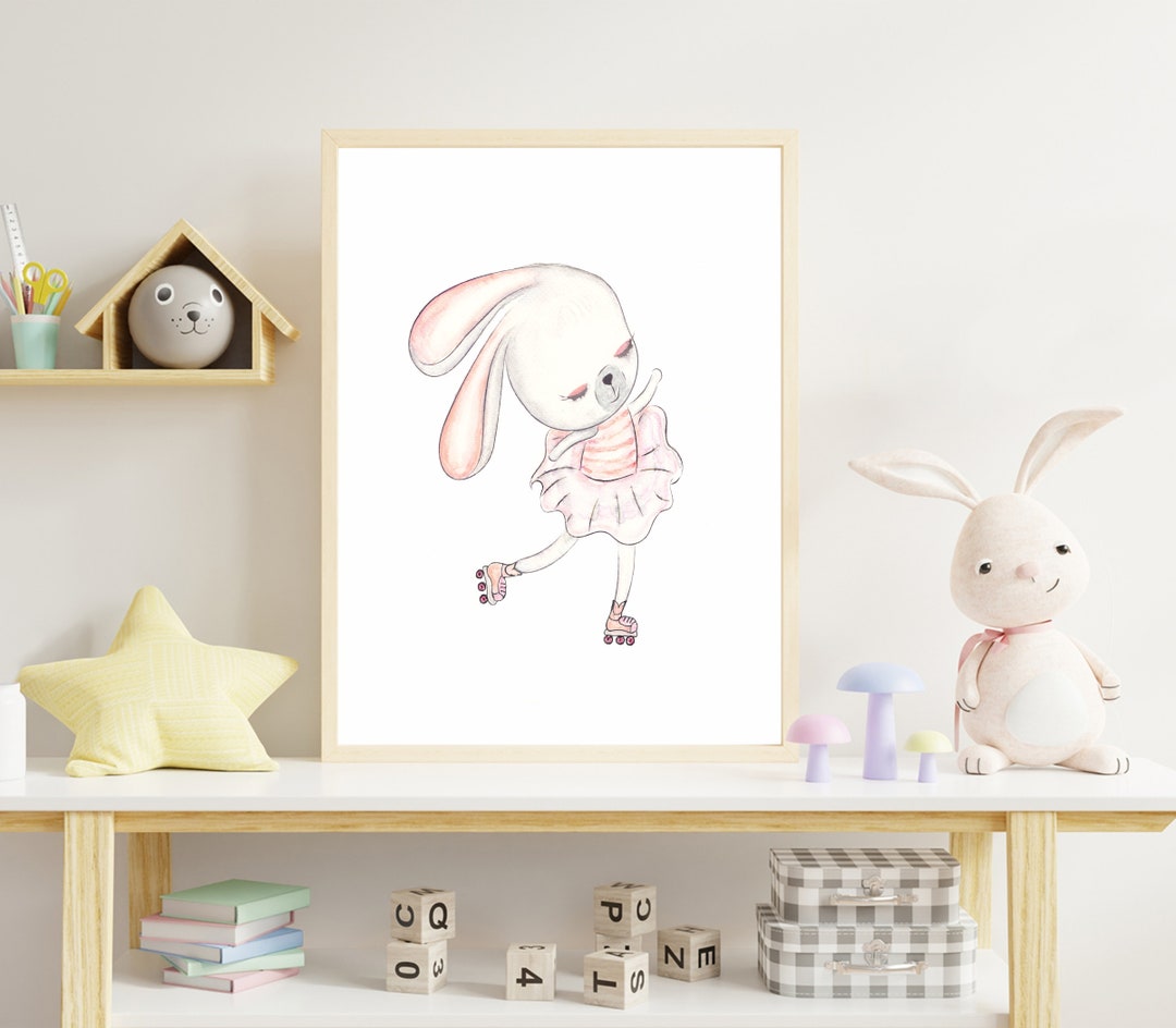 Rabbit Print, Bunny Watercolor Painting, Rabbit on Roller Skates ...