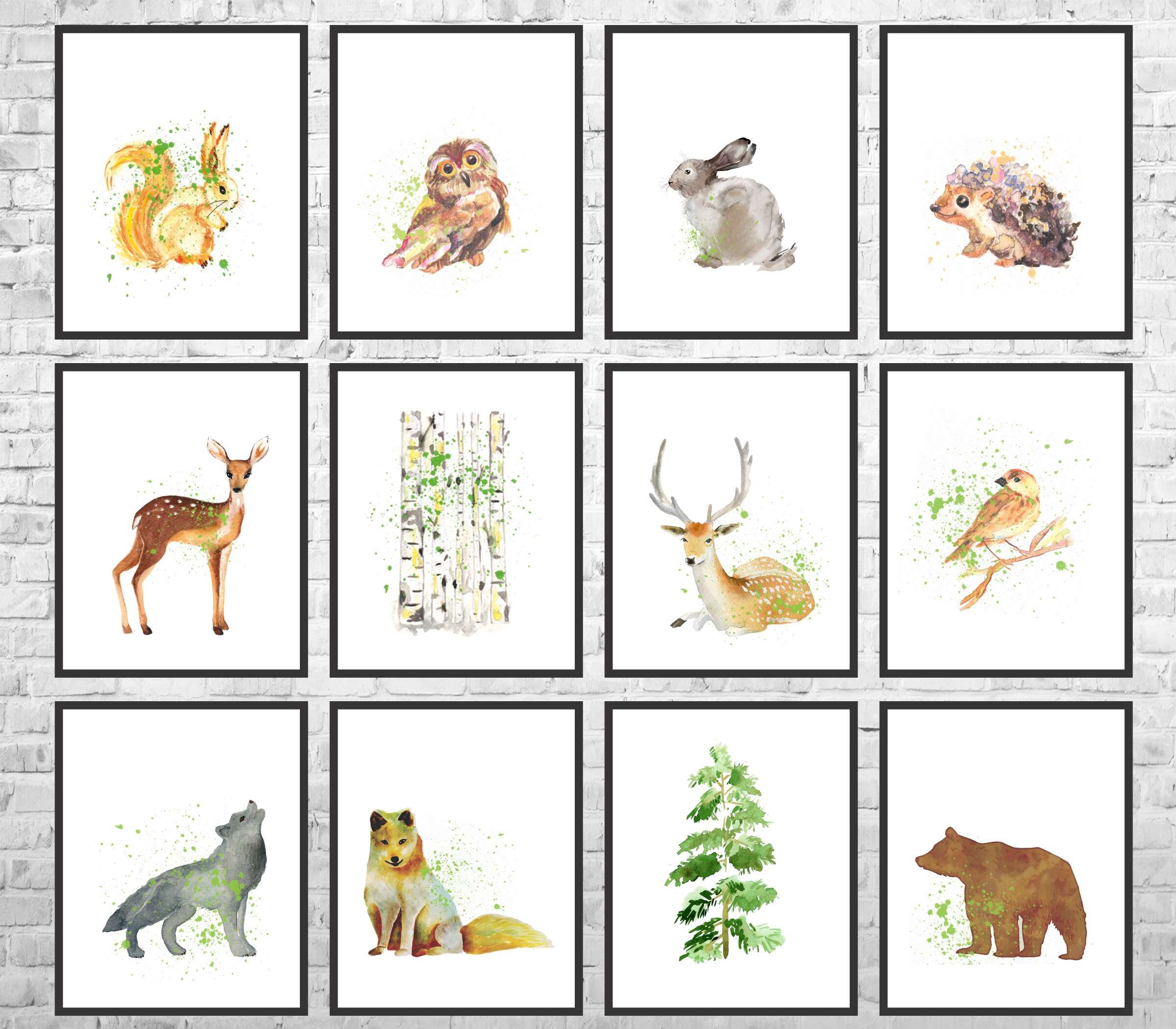 Nursery Forest Animal Set of 12 Prints Watercolor Animal Set | Etsy