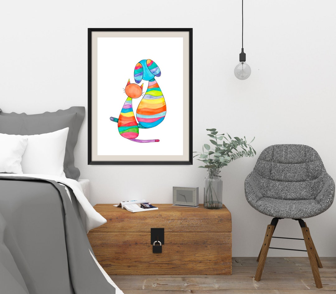 Cat and Dog Art Print Wall Art Decor Watercolor Cat and Dog - Etsy