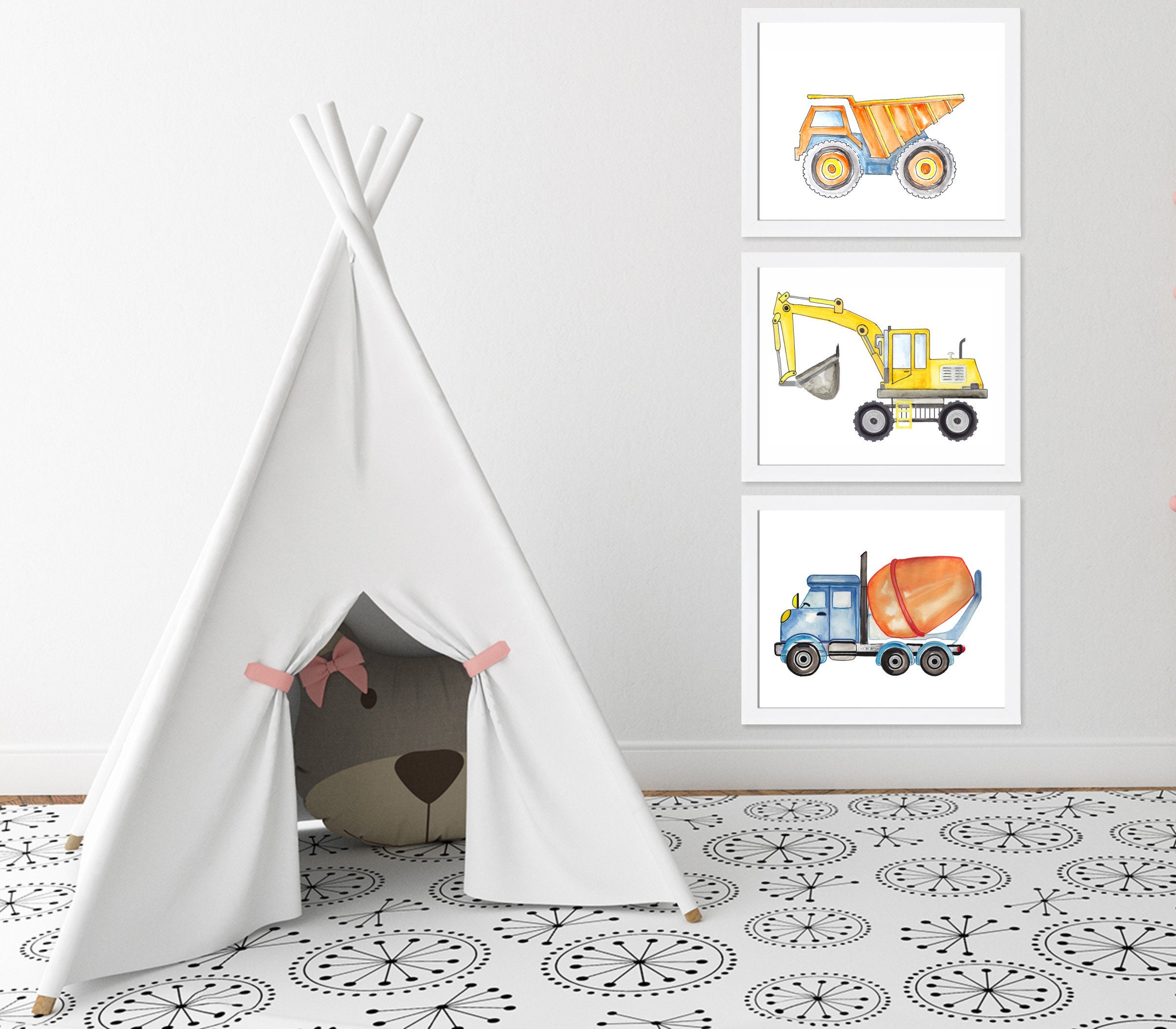 Construction Vehicle Watercolor Prints: Digger Trucks Nursery Art Set ...
