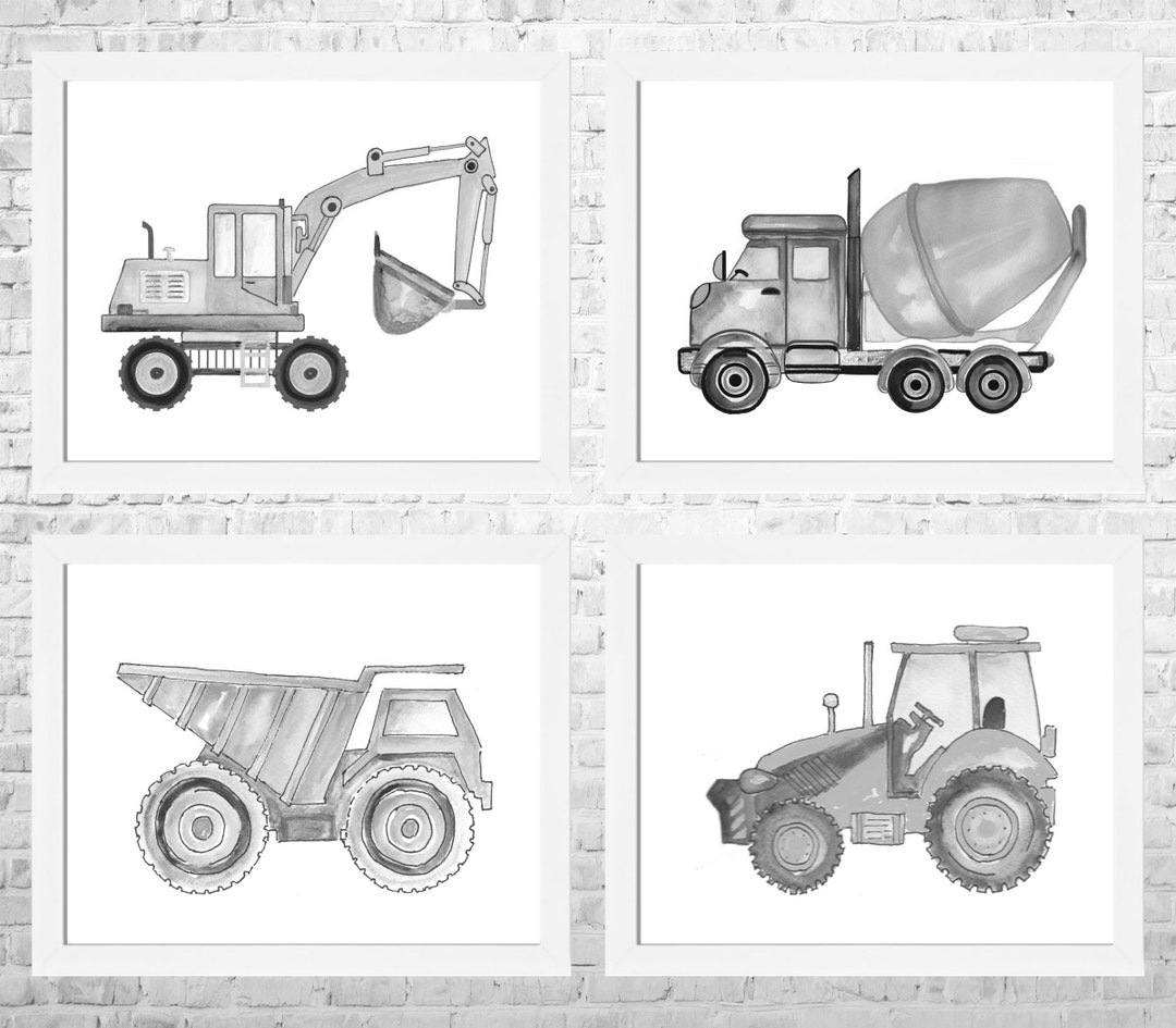 Black White Trucks Set of 4 Prints, Construction Nursery Art, Nursery ...