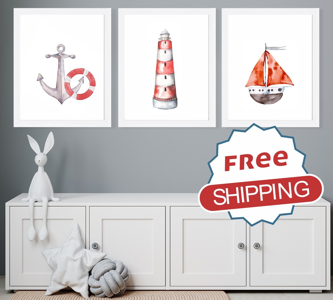 Coastal Watercolor Print Set: Lighthouse, Sailboat, Anchor Art - Etsy