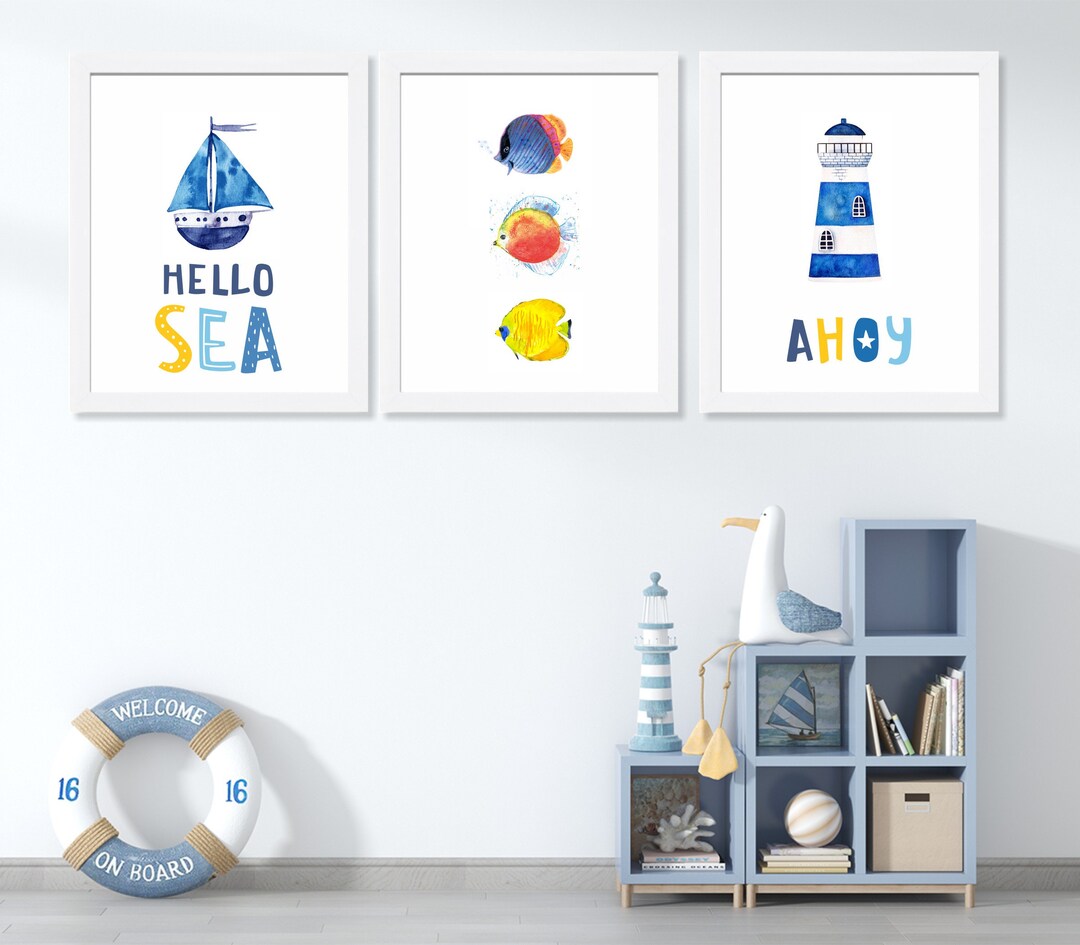 Hello Sea Poster, Set of 3 Sea Prints, Coastal Decor Blue, Watercolor ...