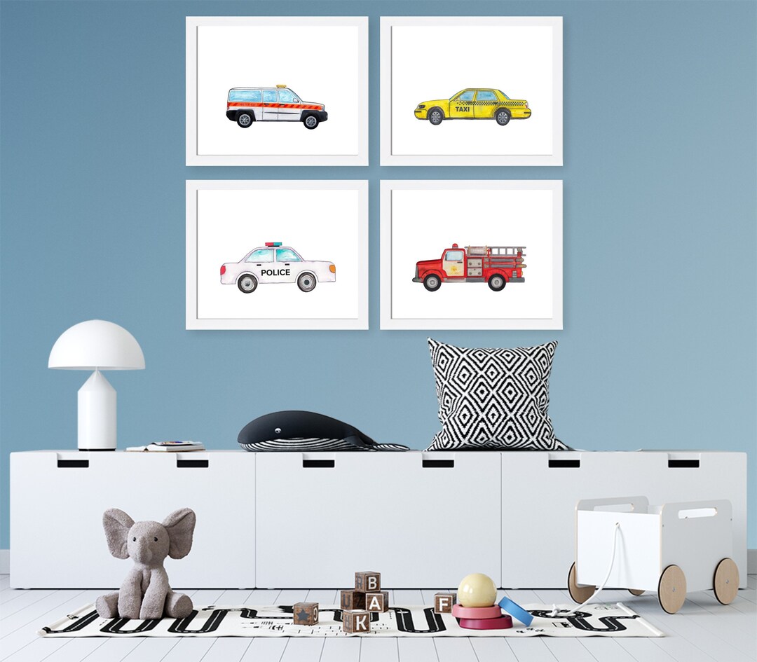 Rescue Vehicle Art Prints: Firetruck, Police Car, Taxi Nursery Decor - Etsy