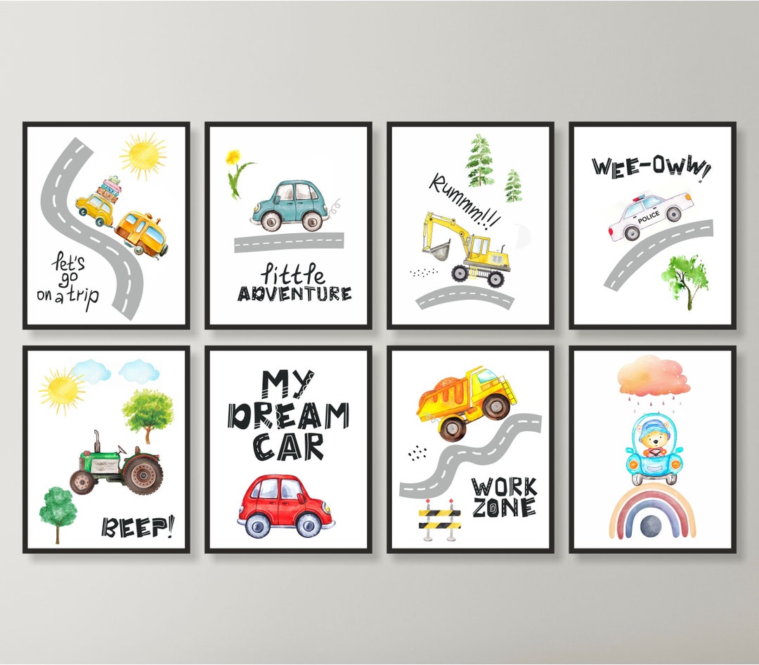 Set of 8 Posters With Track Road, Transportation Wall Art, Kids Bedroom ...
