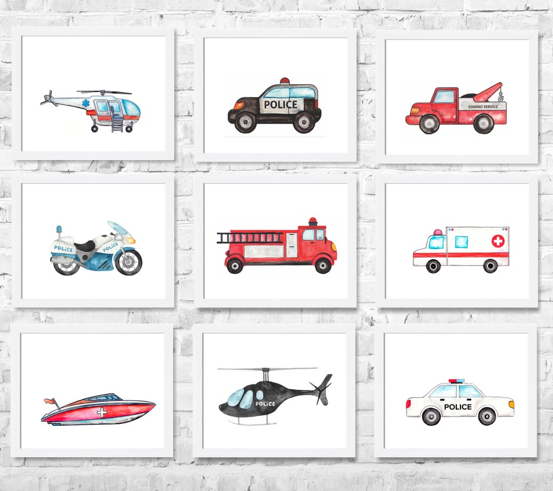 Emergency Vehicle Print Set of 9, Boy Nursery Wall Art, Rescue Vehicle ...