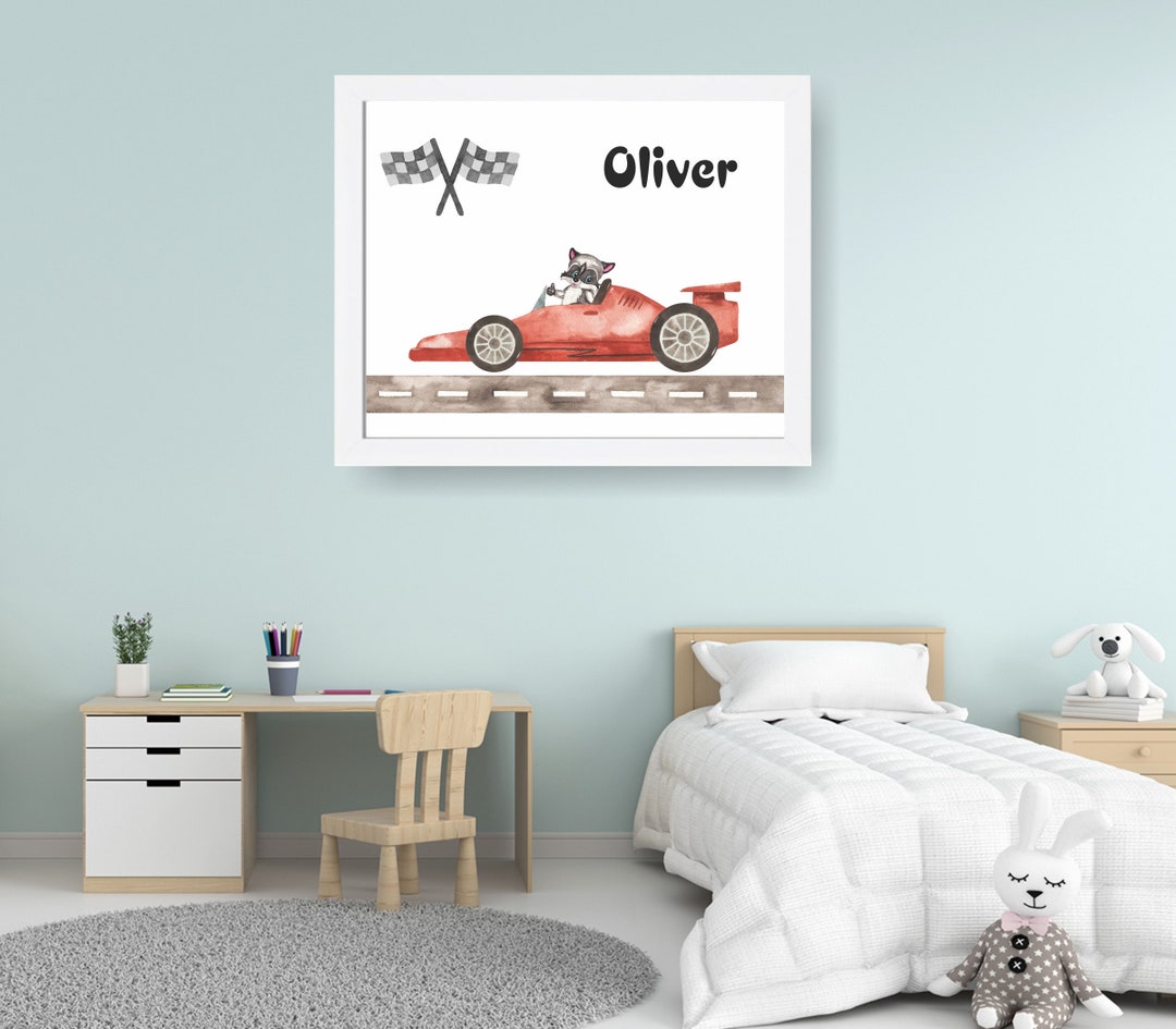 Racing Car Name Print, Racing Car Watercolor Art, Boy Nursery Decor ...