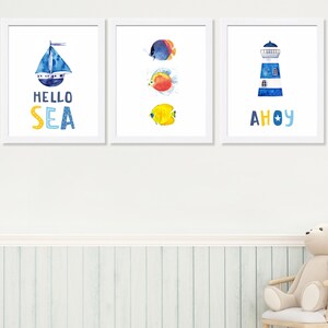Hello Sea Poster, Set of 3 Sea Prints, Coastal Decor Blue, Watercolor ...