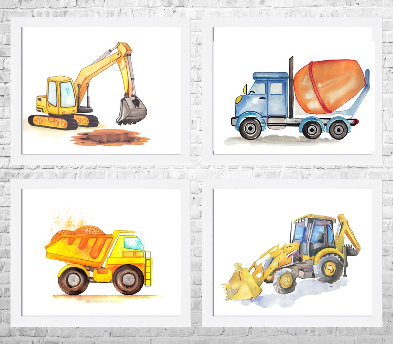 Construction Vehicle Watercolor Prints: Digger Trucks Nursery Art Set ...