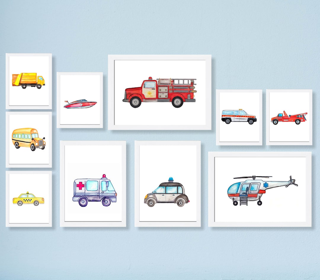 Emergency Vehicles Prints Set of 10, Nursery Art, Ambulance Print ...