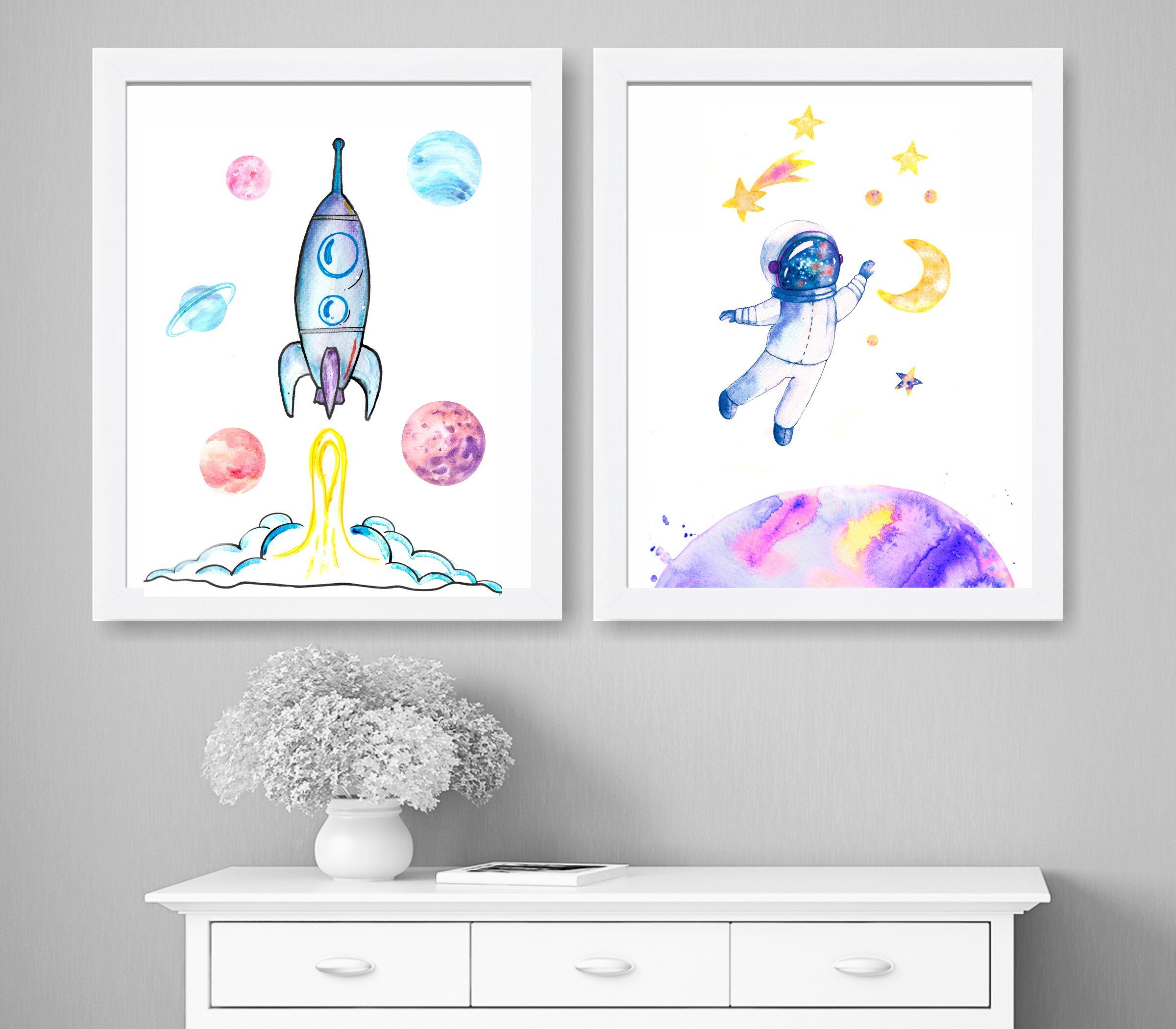Space Nursery Set of 2 Prints Astronaut Art Space Nursery | Etsy